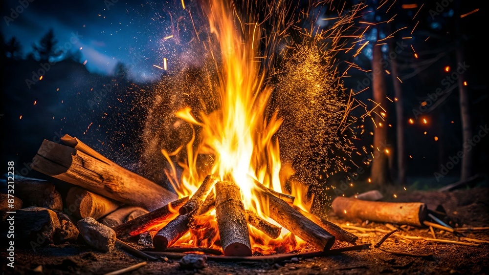 Camp fire in the night. Burning wood at night. Campfire at touristic ...