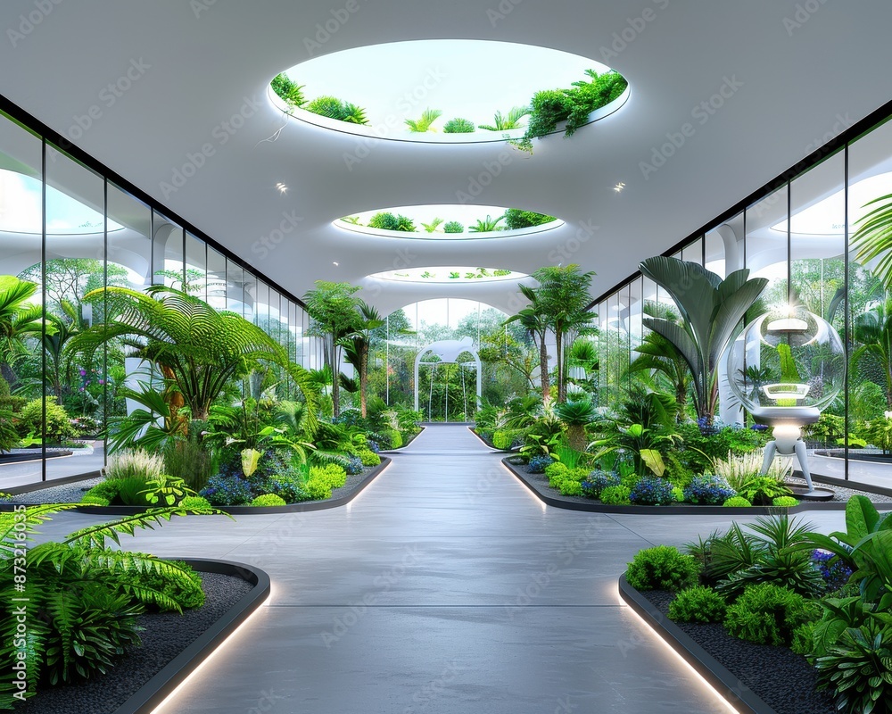 A futuristic garden with floating walkways and robotic gardeners ...