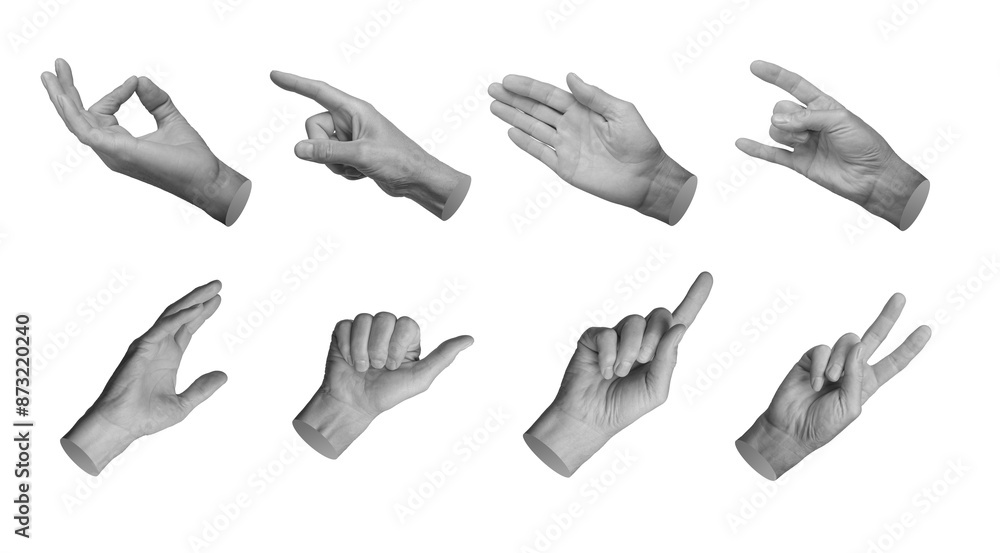 Different gestures set. Zen, pointing finger, palm, horns, reaching out ...