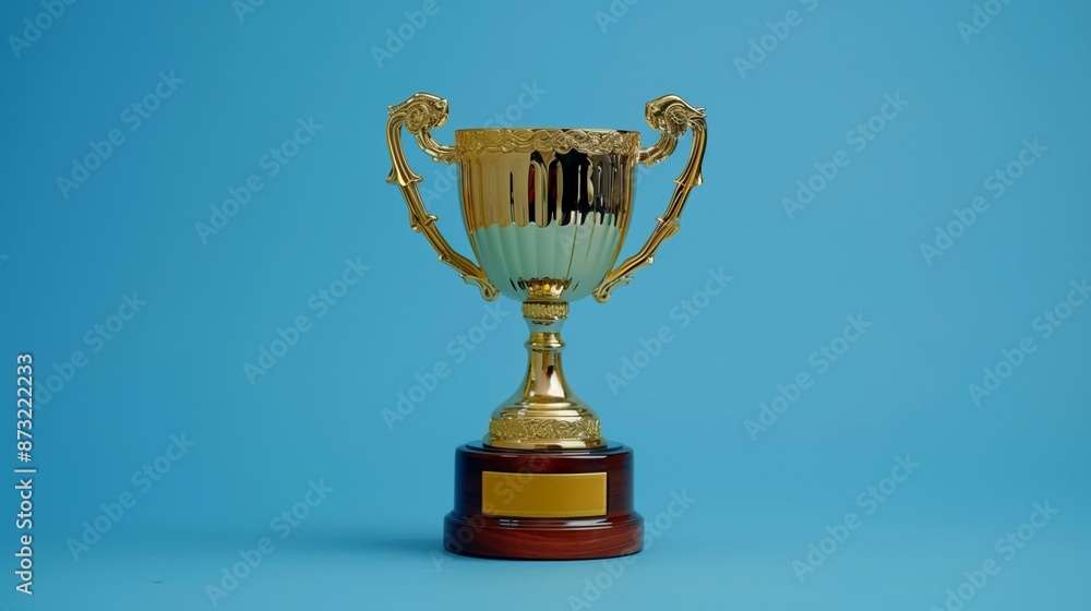 Golden trophy on blue background, prize metal reward recognition Stock ...
