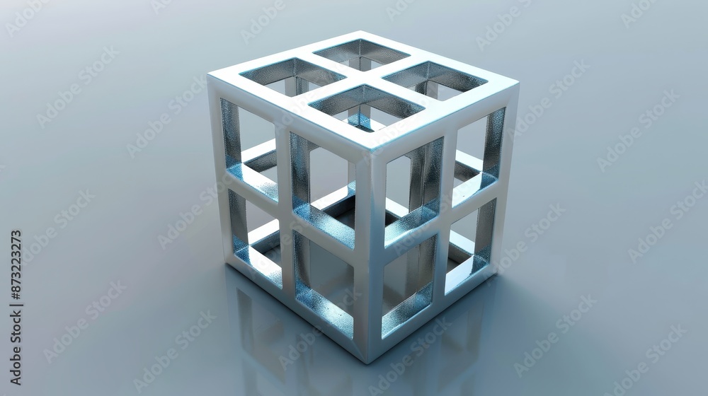 Object that resembles a metallic, hollow cube with a reflective surface. It has a complex ...