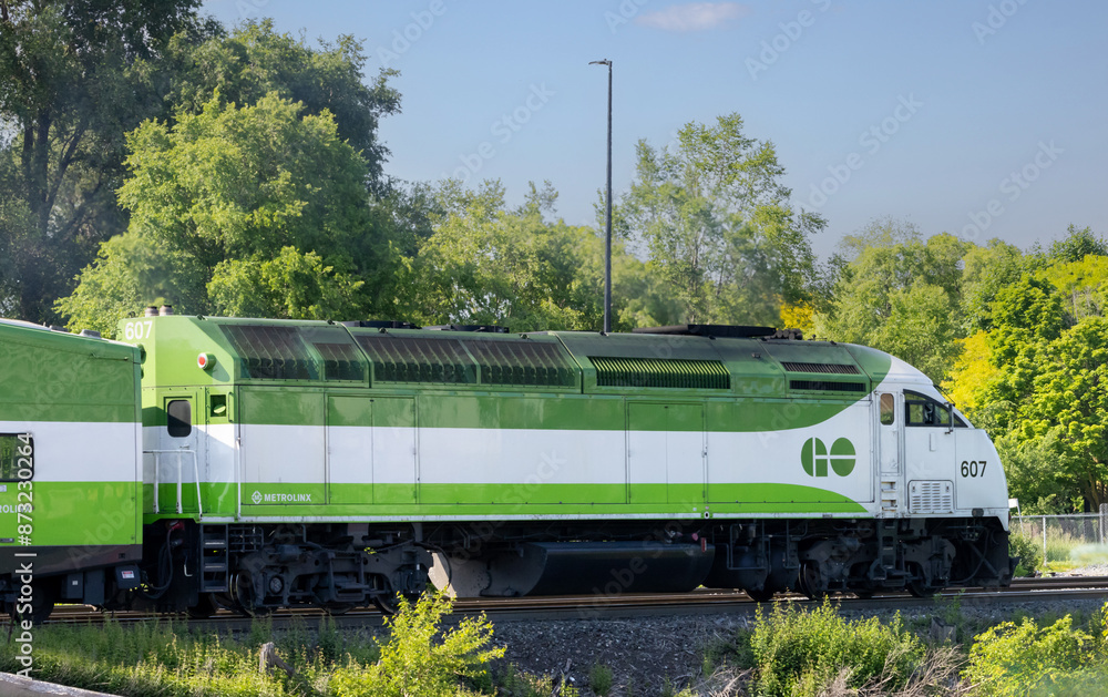 Toronto Canada, June 12 2024; Close up of a Metrolinx GO transit diesel ...