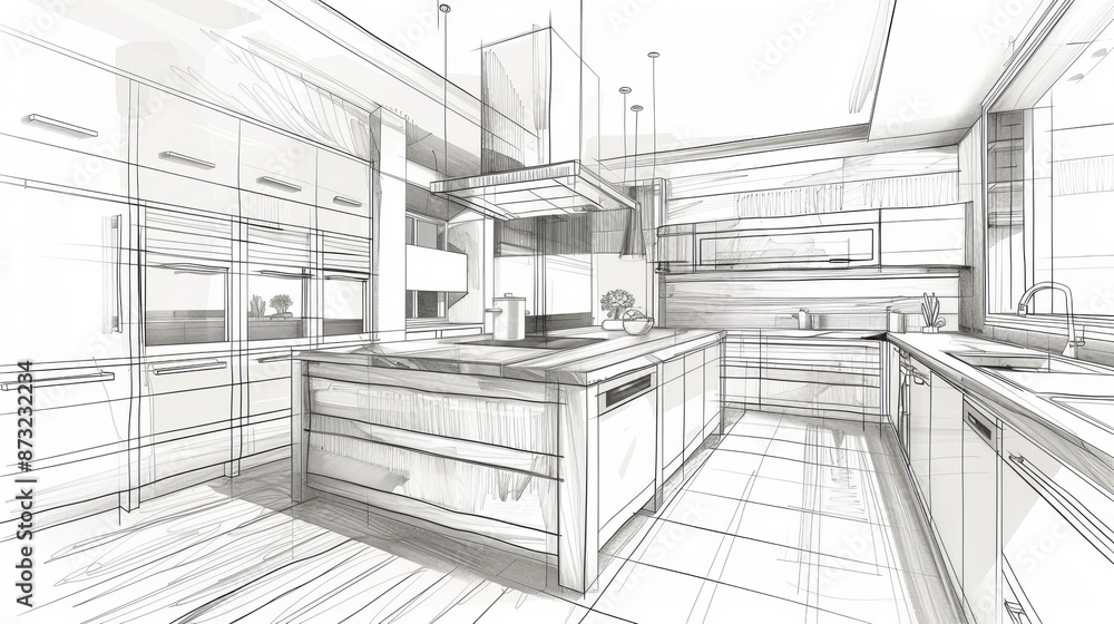 Draw by hand the layout of a kitchen island. Perspective view of a ...