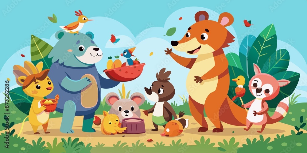Whimsical cartoon scene showcasing diverse animals gathering and ...
