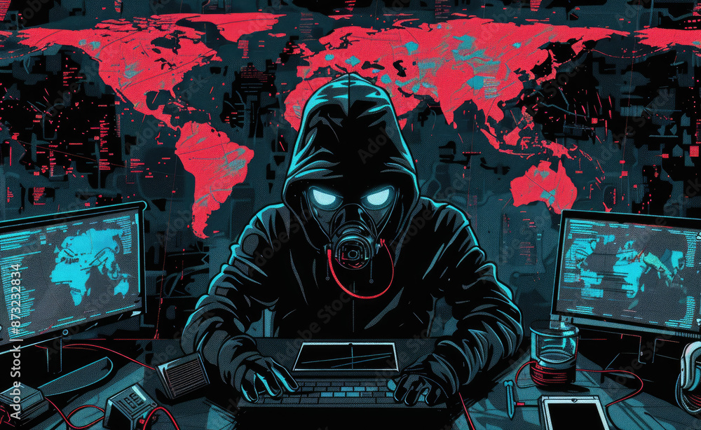 A hacker in a black balaclava and hoodie is sitting at the computer ...