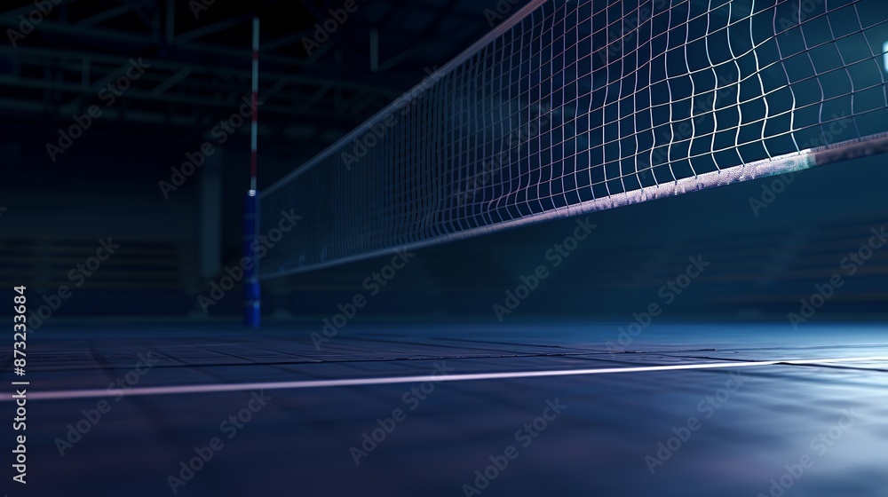 A sports theme is depicted on an indoor volleyball court, featuring an ...