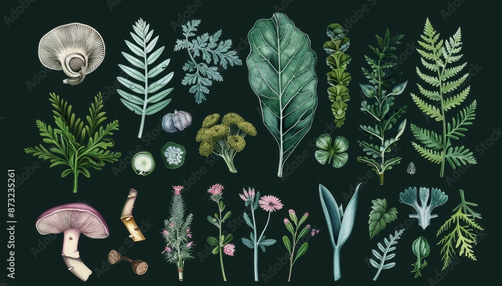 Intricate Botanical Illustration of Plant Anatomy with Stem and Leaf ...