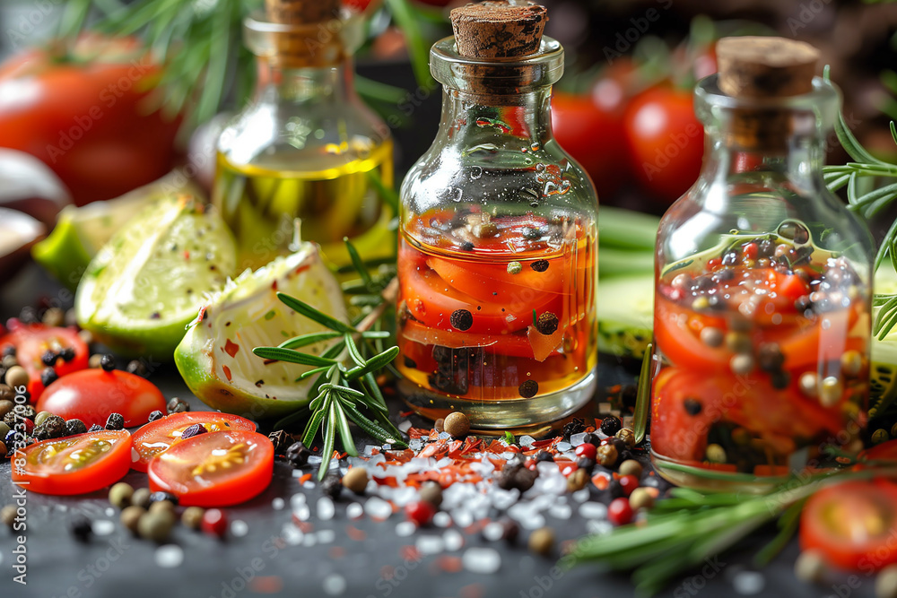 Three glass bottles of different colored liquids sit on a table with a ...