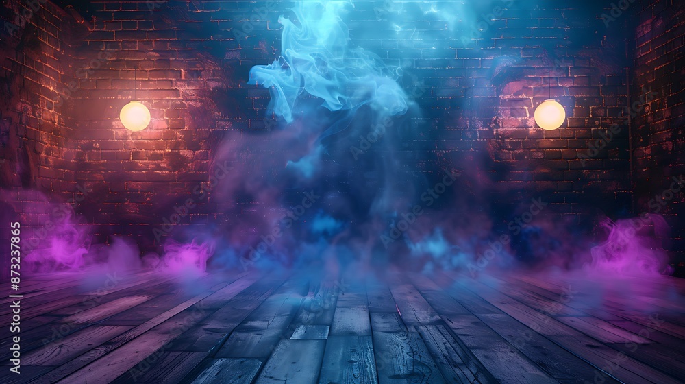 Gloomy dark basement room, worn brick walls, blue sparks of fire, light ...