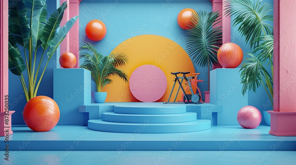 Fitness competition stage podium with sports equipment, fitness models ...