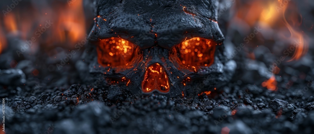 A skull, its eyes aglow, sits atop a mound of black coal The fiery orbs ...