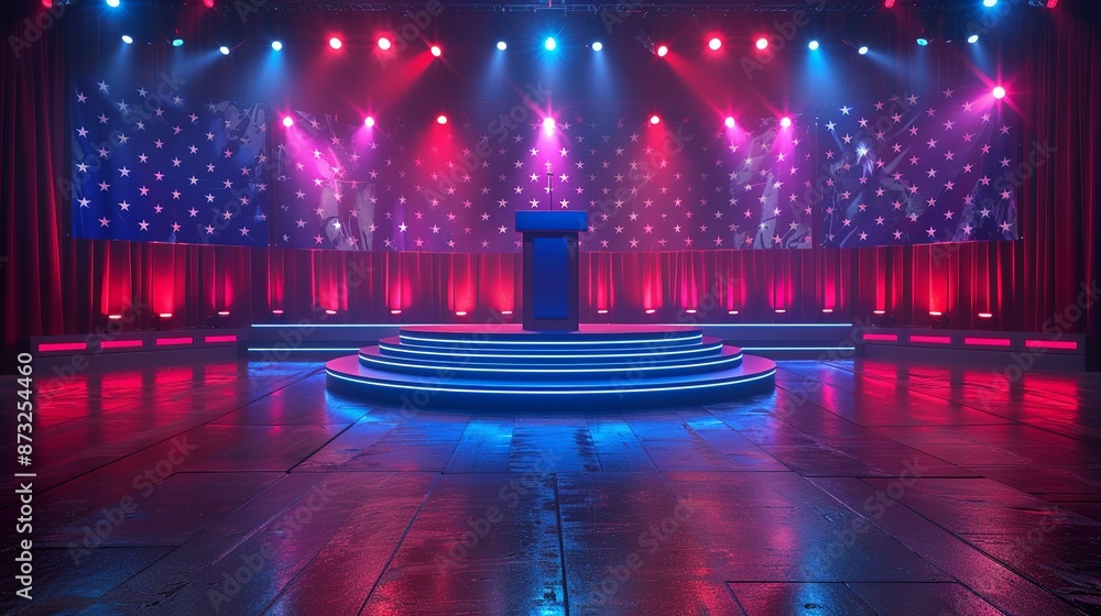 Political rally stage podium with political banners, rally crowd, and ...