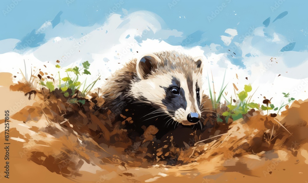Badger burrowing earnestly flat design side view dirt mound water color ...
