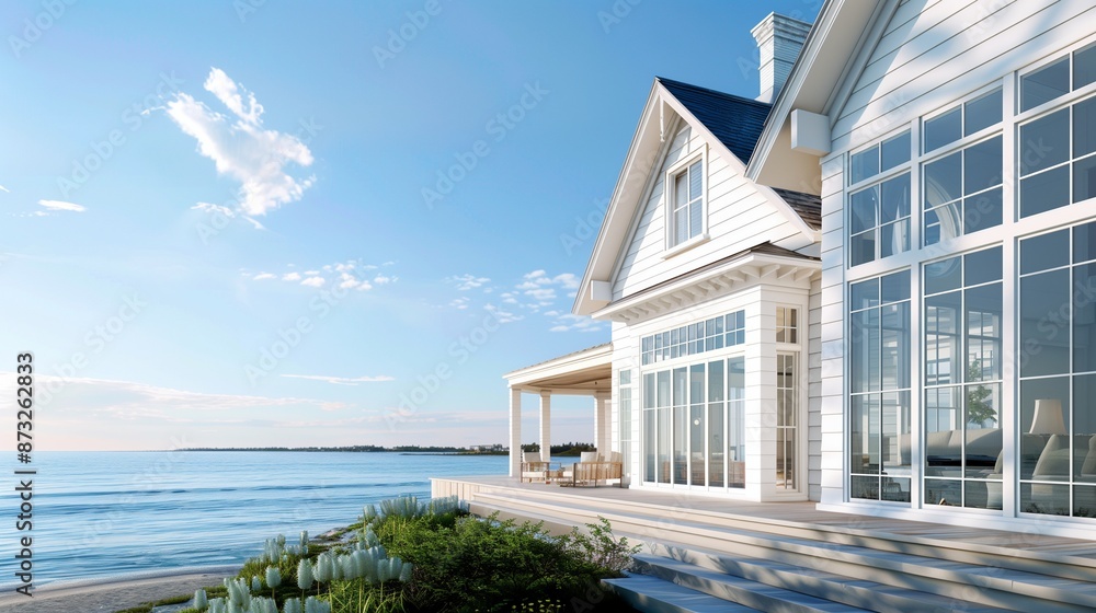 Stylish front design of a coastal beach house with white clapboard ...