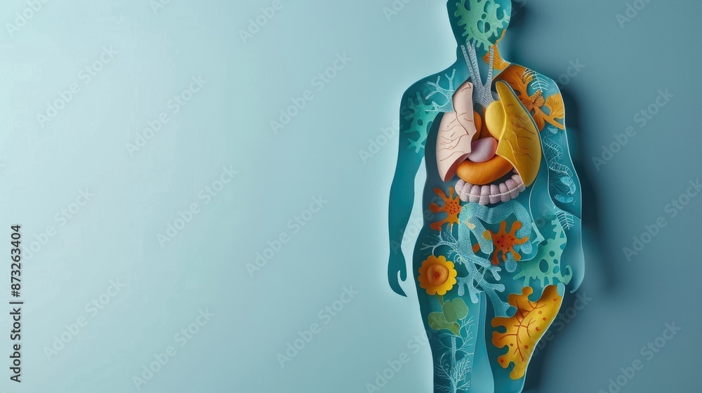 An intricate paper art depiction of a human body with internal organs ...