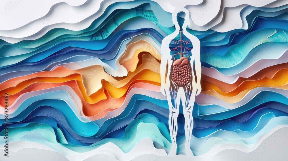 A vibrant paper art scene featuring a human figure with visible ...