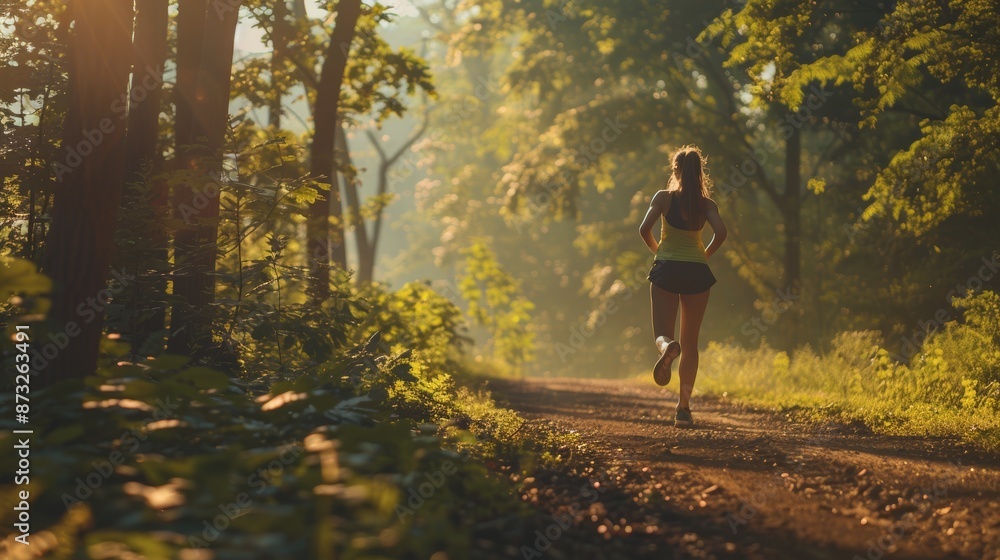 Trail running concept. Woman running on nature trails, representing endurance and companionship ...
