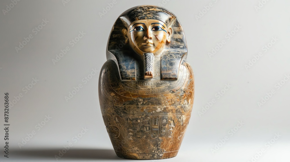 Ancient Egyptian canopic jar with a detailed Pharaoh face, used for ...