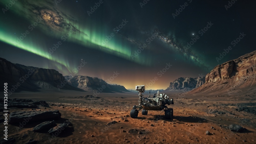 Rover on the surface of terraformed mars with aurora borealis in the ...
