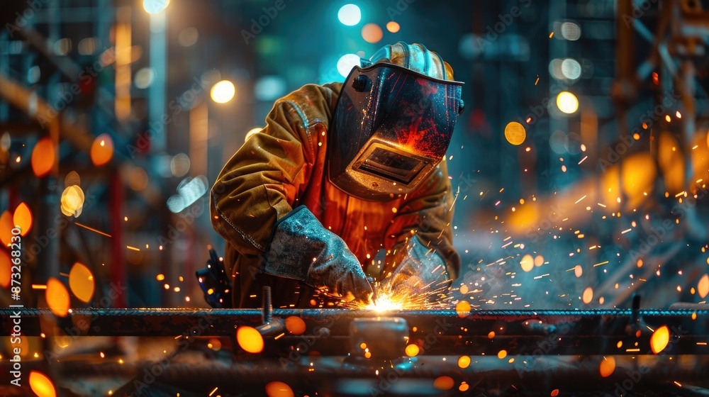 Welder in a construction site, wearing protective gear, sparks flying ...
