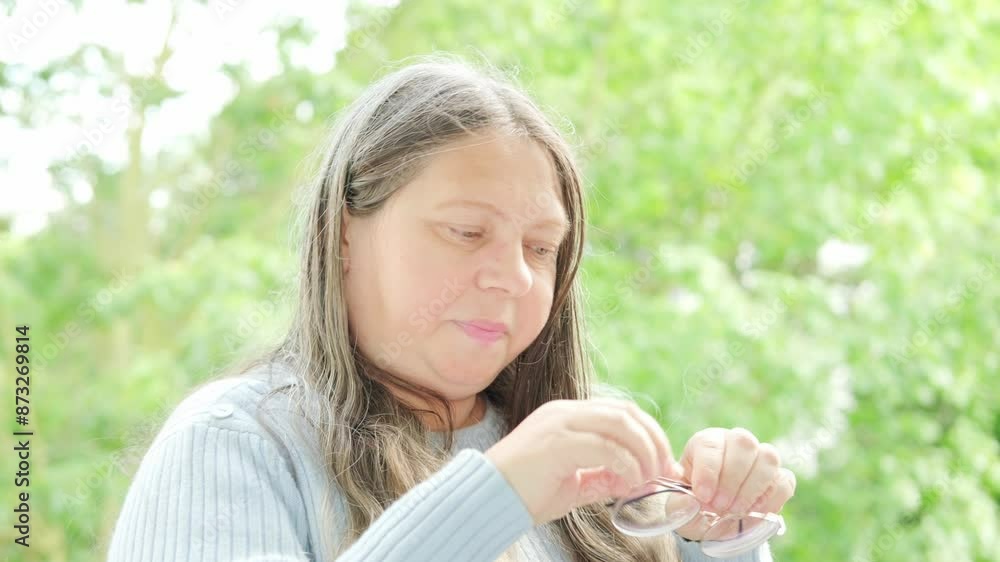 close up mature european woman 55 years old rubs bridge of nose ...