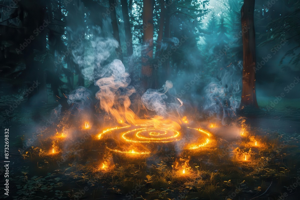 mystical ritual circle formed by swirling smoke and embers glowing ...