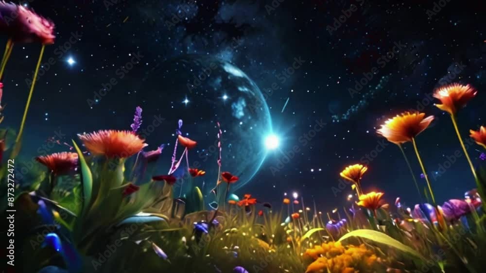 A garden floating in space with flowers and plants that resemble stars ...