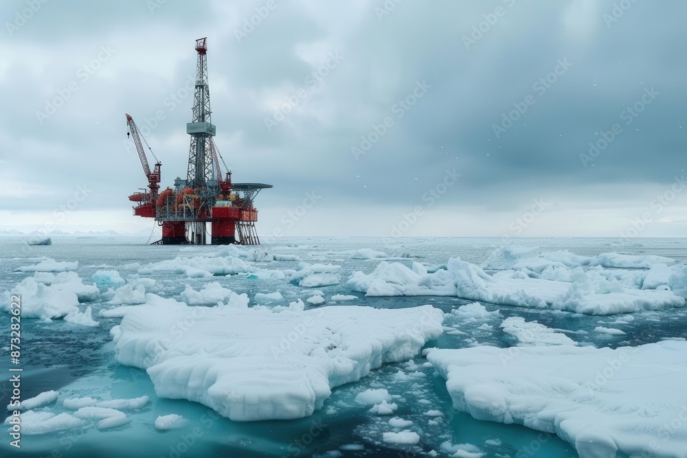 An offshore drilling rig amidst icy waters under a cloudy sky ...