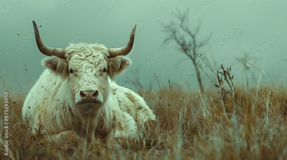 Vaca blanca tumbada en un prado Stock Illustration | Adobe Stock