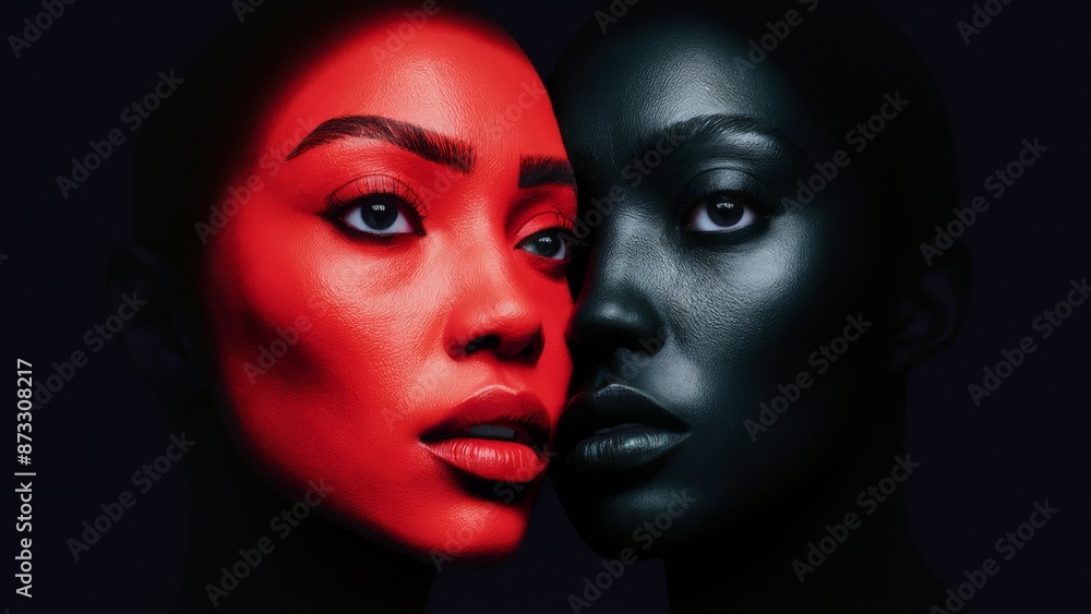 A commercial photo of two faces in high contrast on a deep black ...