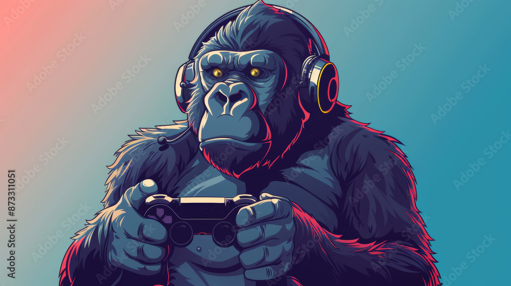 A cute cartoon gorilla, holding a video game controller and wearing ...