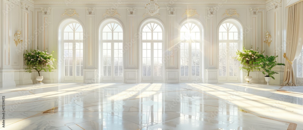 Foto de interior of a room with windows featuring a white mansion ...