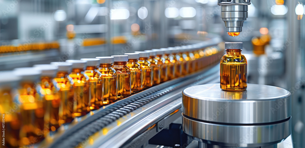 Drug manufacturing process. Conveyor with medical ampoules line at a ...