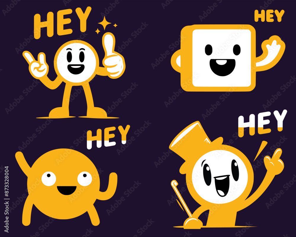 Say HEY cartoon character. set of funny cartoon. Happy emoji emoticon ...