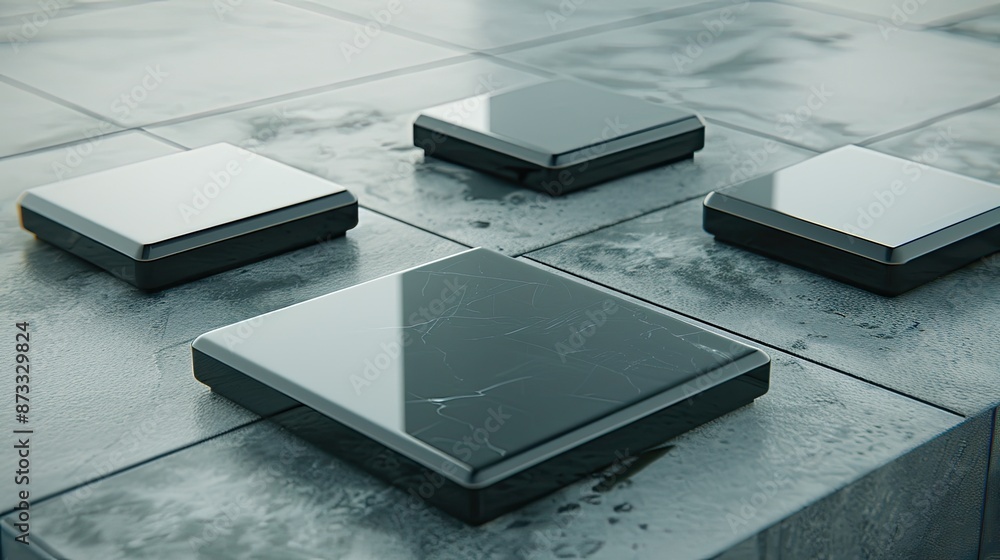Four shiny black square objects sit on a grey tiled floor, viewed from ...