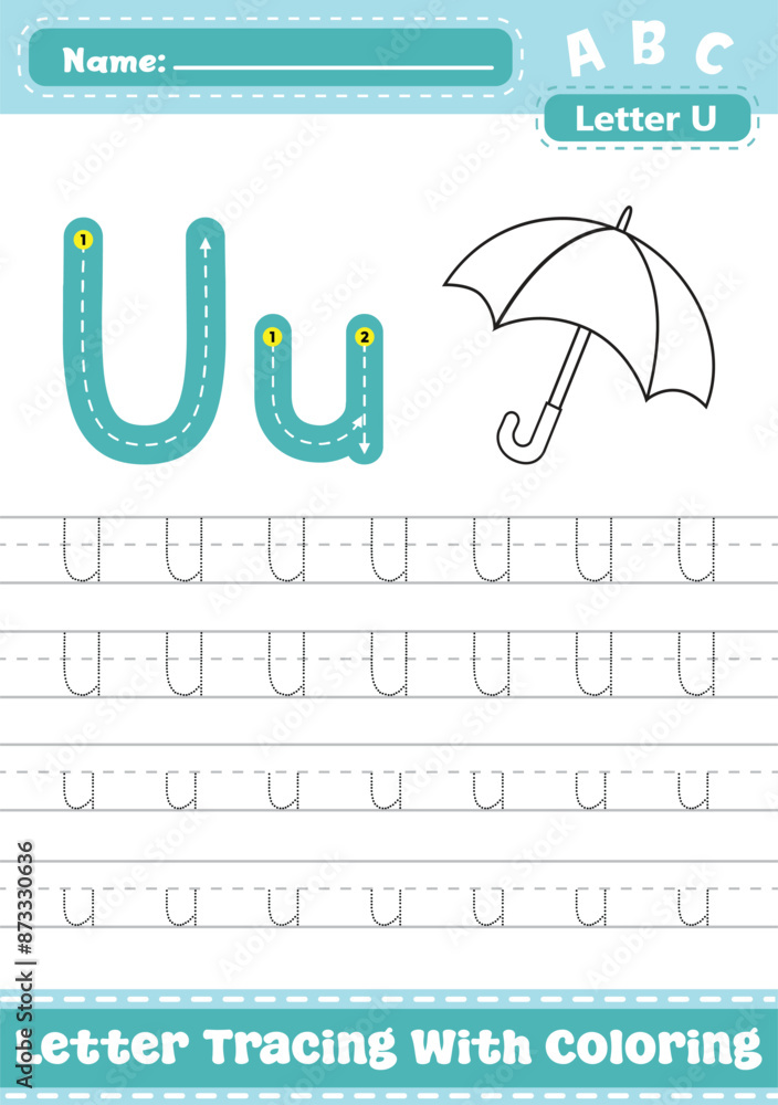 Letter U Uppercase Lowercase Tracing Worksheet with Coloring Apple ...