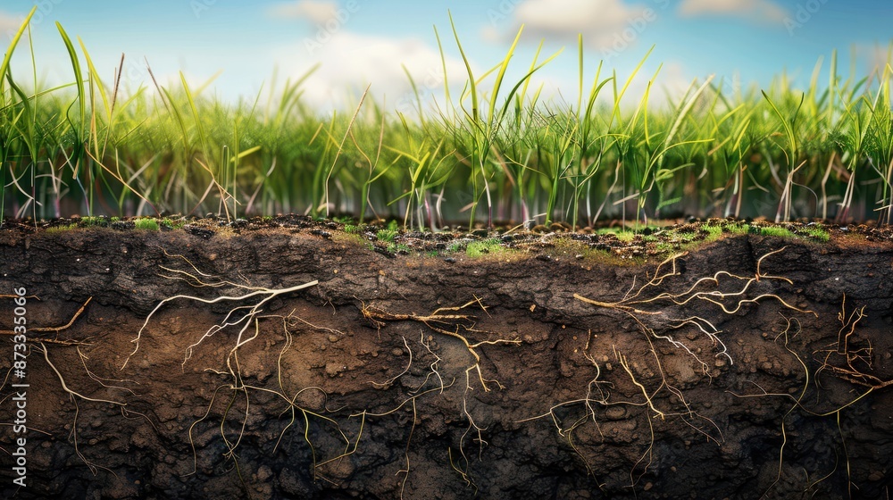 Cross-section of soil showing green grass and its dense network of ...