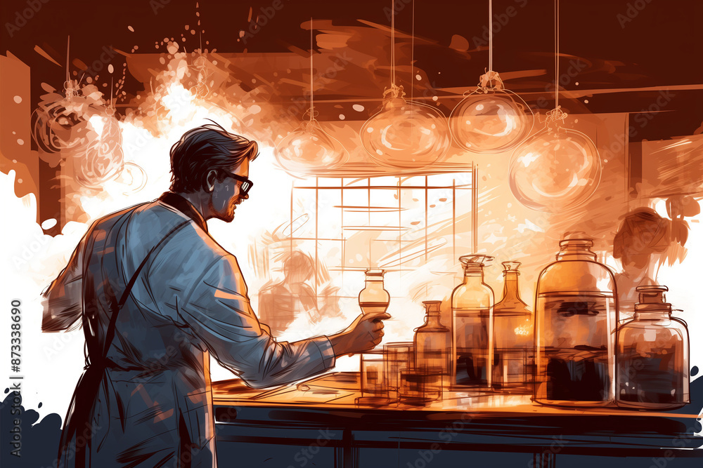 Dramatic artistic illustration of a scientist conducting experiments in ...
