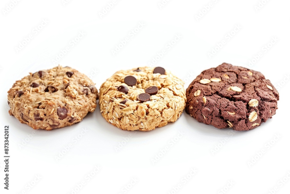 Three different types of cookies are displayed on a white background. The cookies are of ...
