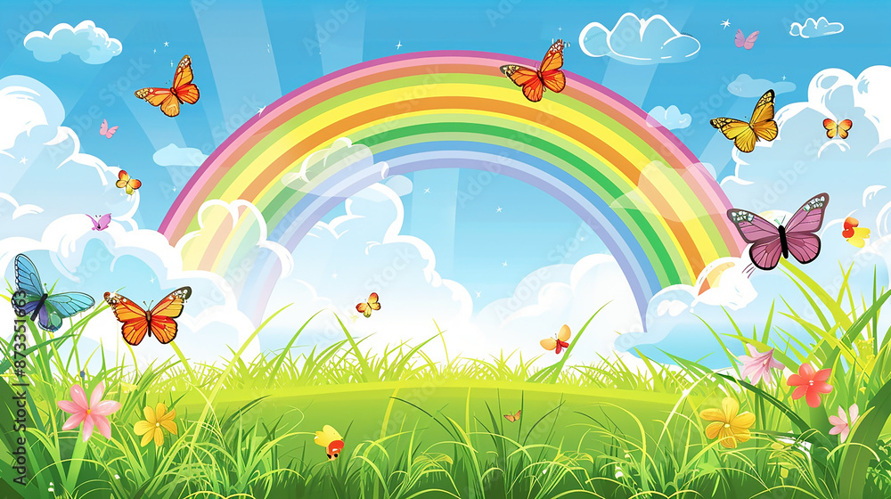 Kids background with blue sky filled with clouds and colorful rainbow ...