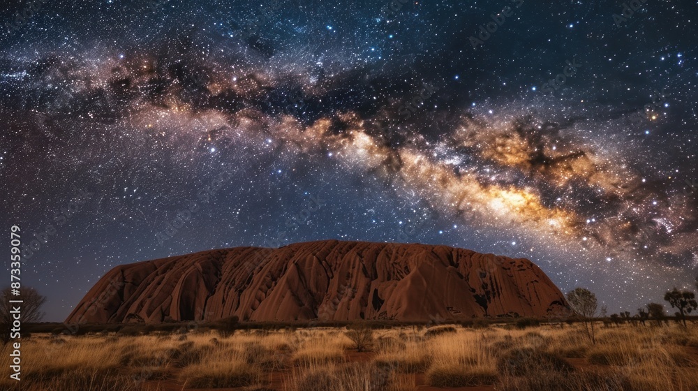 Uluru (Ayers Rock) under a starry night sky with the Milky Way. Concept ...