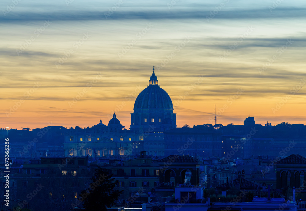 Evening view of Rome and the Vatican with the dome of St Peter's ...