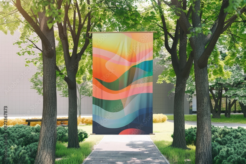 An outdoor mockup template where a large banner hangs between two trees ...