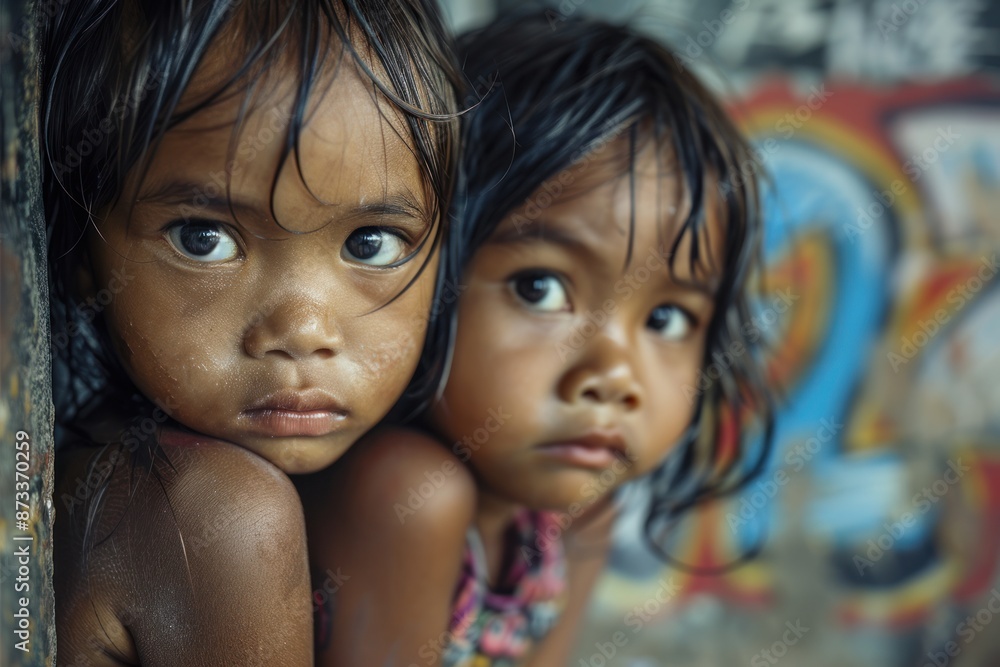 Two little girls on a dirty street in a slum look at the camera with ...
