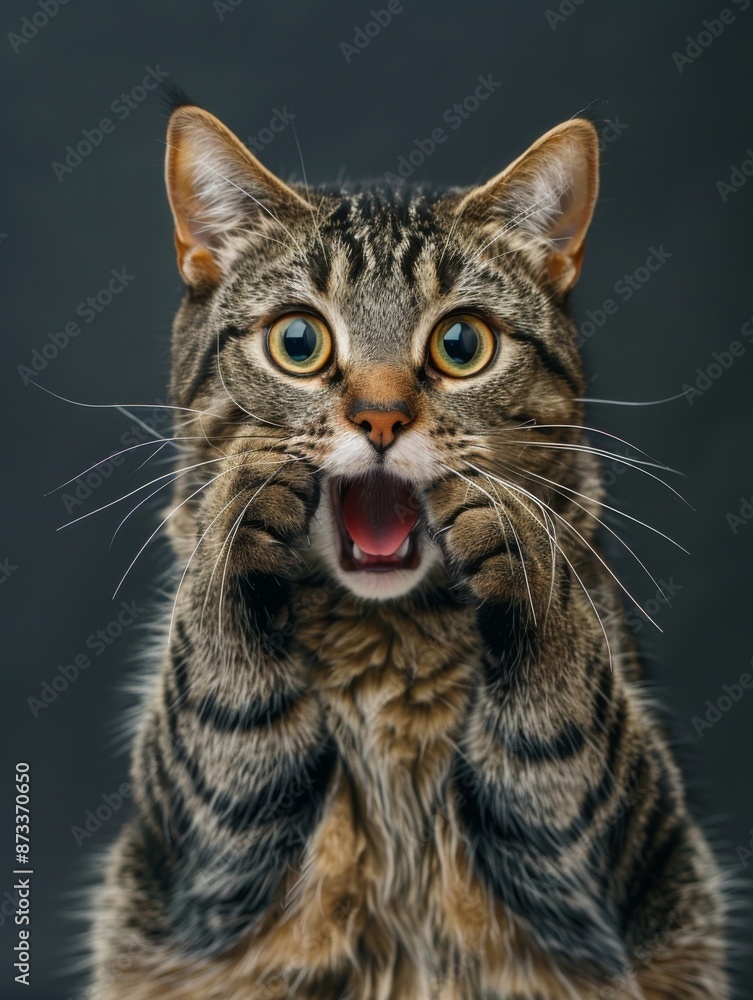 A very surprised and shocked caT with its mouth open and paws touching ...