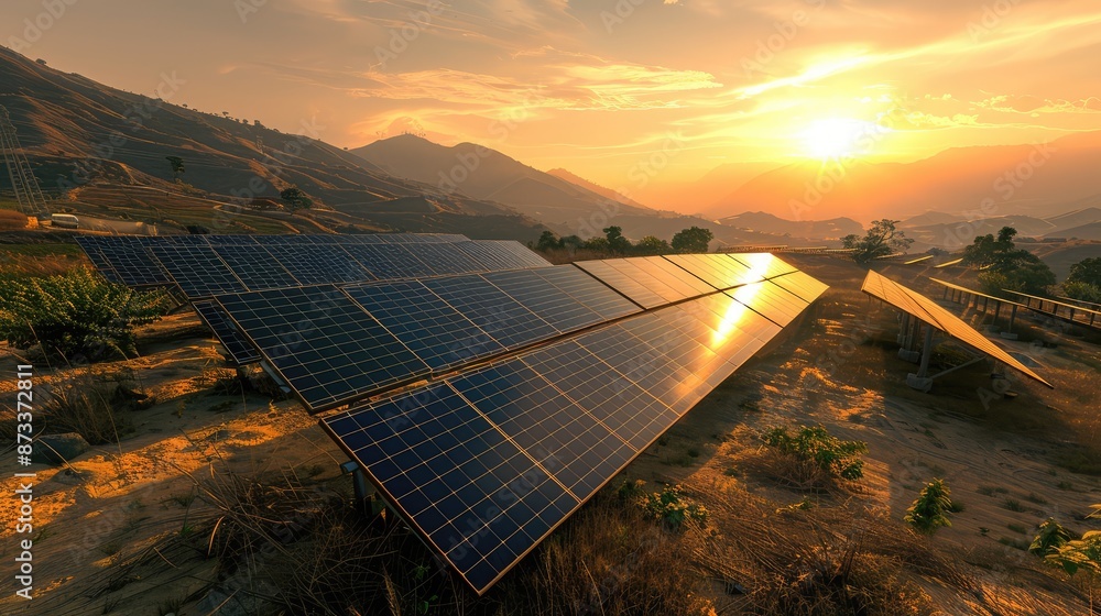 Solar panels array on a hilly terrain, with the sunset casting long ...
