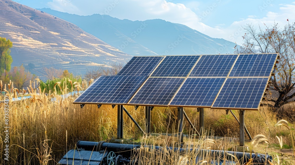 Solar panels standing tall among tall grasses, with a distant view of ...