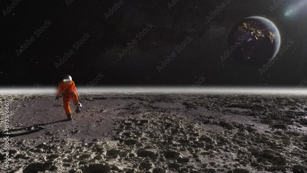 Lone astronaut on the moon, surrounded by a lunar landscape. The Earth ...