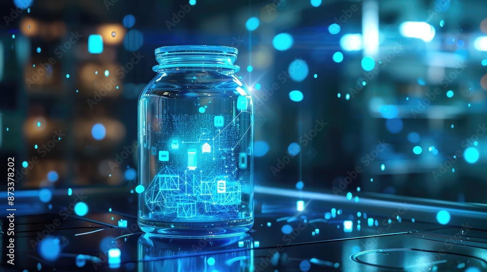 Futuristic concept with digital particles and circuits inside a glass ...
