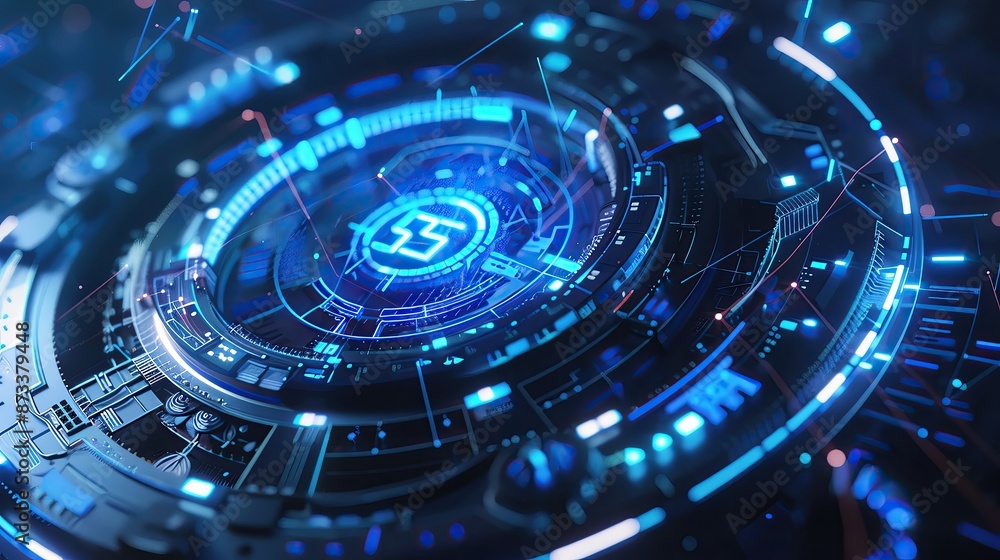 Futuristic digital interface with neon blue lights, showcasing advanced technology and data ...